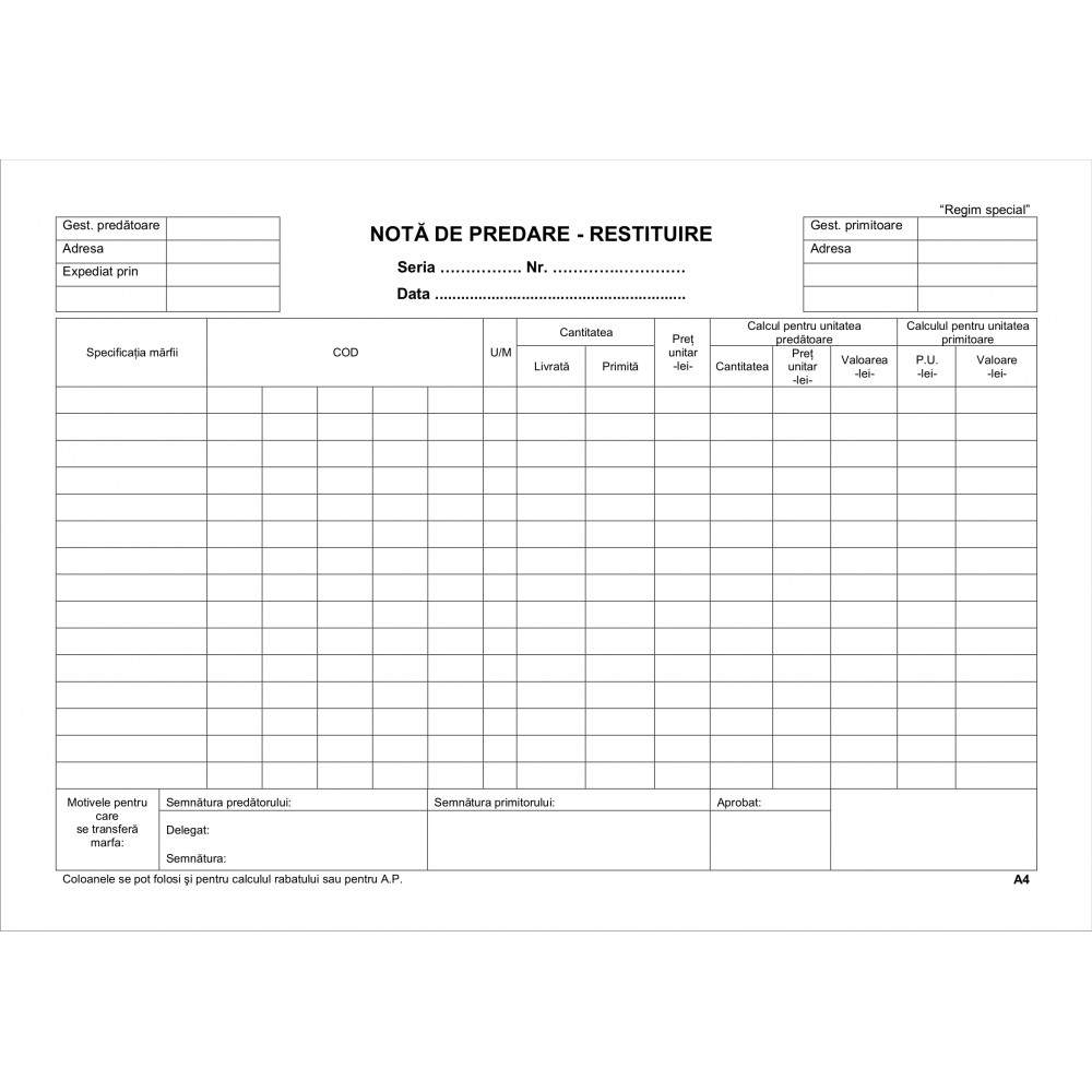 Nota de predare primire A4, Tipografia Fistem, Tipografia Valmaster, Tipografia Prisma